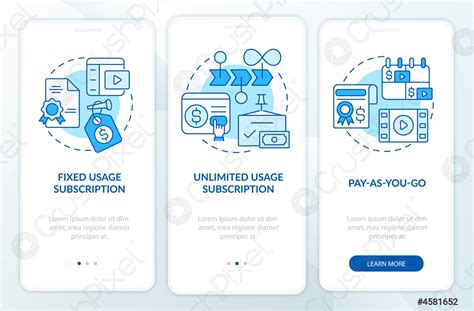 Types Of Subscription Blue Onboarding Mobile App Screen Stock Vector