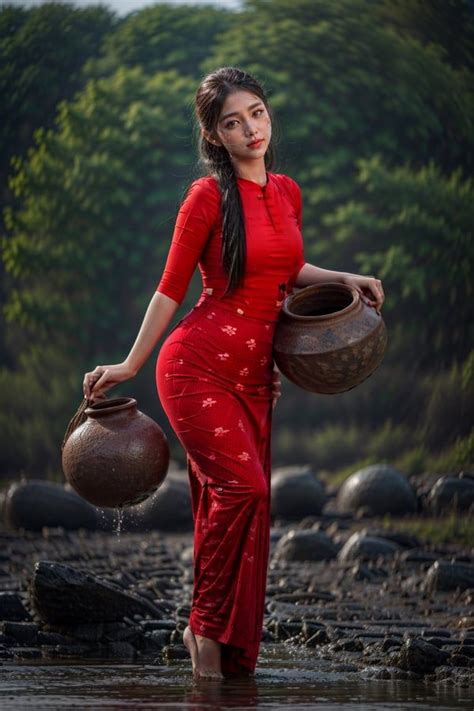 Beautiful Myanmar Woman1water Potcravy Shapely Standing On Village