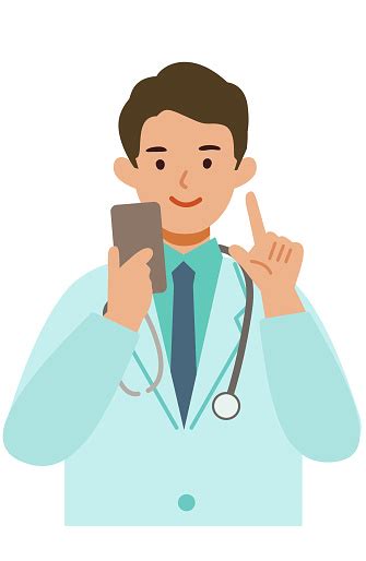 실험복을 입은 의사 남자 헬스케어 Conceptman 만화 캐릭터입니다 사람들은 프로필 아바타 및 아이콘에 얼굴을 맞춥니다 스마트폰을 사용하는 남자의 이미지를 닫습니다