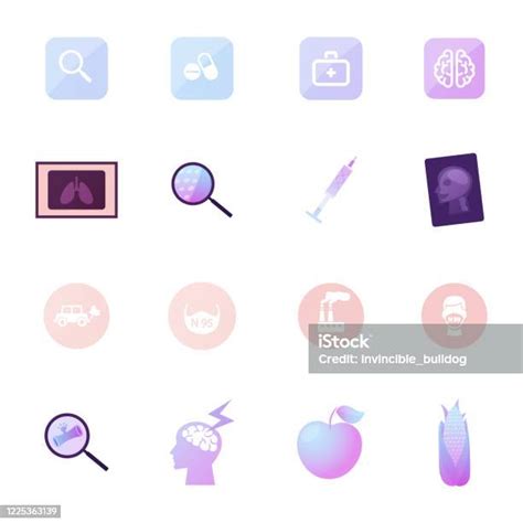 세트 아이콘 돋보기 알약 및 의학 가방 뇌 폐와 주사기 머리 엑스레이 자동차 및 파이프 연기를 방출 마스크 사과와 옥수수에 사람 아포플렉시 및 혈관 만화 벡터 일러스트레이션