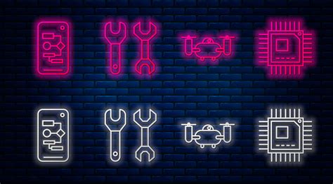 마이크로 회로 Cpu와 라인 스패너 액션 카메라 알고리즘 및 프로세서 비행 무인 항공기 벽돌 벽에 빛나는 네온 아이콘입니다 벡터