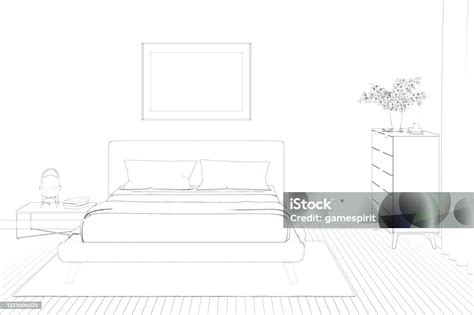 침대 머리 위에 수평 포스터가있는 침실의 스케치 창가 서랍 가슴에 꽃병 침대 옆 테이블의 램프 전면 보기입니다 0명에 대한 스톡