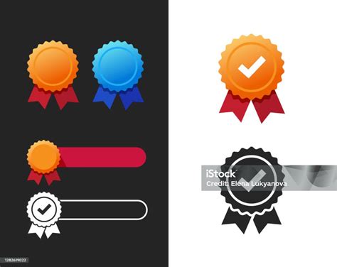 품질 또는 보증 상 로제트 및 메달 리본 아이콘 빈 빈 템플릿 벡터 플랫 요소 황금 메달 업적 또는 추천 보증 확인 마크 씰 모양 평면과 검은 색 흰색 세트 1위에 대한