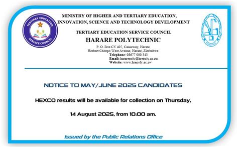 Harare Polytechnic 2025 Intake Application Period Closed On December 31 2025 However The