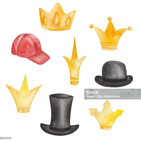 수채화 그림은 여왕과 왕을위한 황금 왕관 검은 볼러 모자 키가 큰 신사 모자 및 빨간 모자를 칠했습니다 왕자와 공주를위한 로얄 쥬얼리 헤드 웨어 격리된 클립 아트 요소