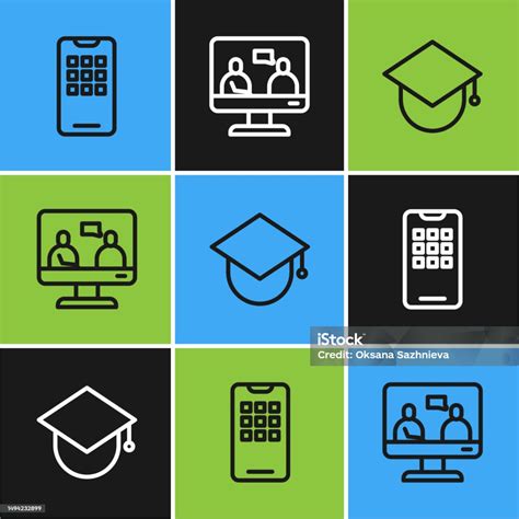 라인 휴대폰 졸업 모자 지구본 및 온라인 교육 아이콘을 설정합니다 벡터 개념에 대한 스톡 벡터 아트 및 기타 이미지 개념 공부 교사 교육 관련 직업 Istock