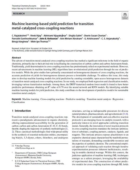 Theoreticalchemistry Machinelearning Crosscouplingreactions Researchpublication Shajila Salim