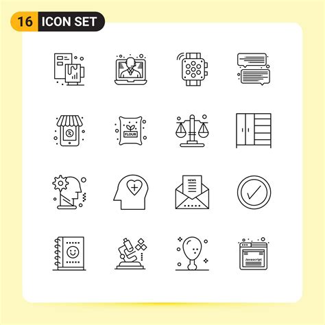 set of 16 vector outlines on grid for supermarket online watch message chat editable vector