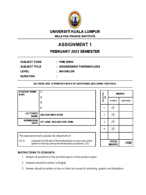 2023 Feb Assignment 1 Clo 3 Fmb30504 Questions Pdf Metrology Thermodynamics
