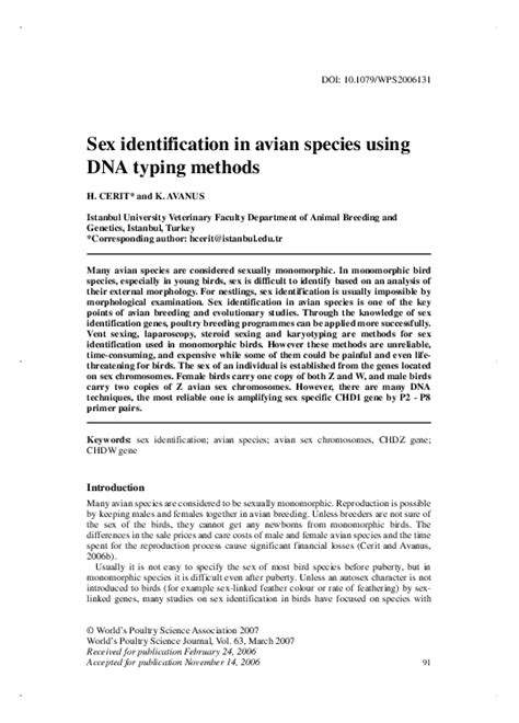 Sex Identification In Avian Species Using Dna Typing Methods