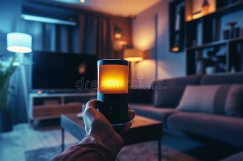 Hand Holding A Smart Speaker With Voice Control In A Cozy Living Room Iot Concept Smart Home