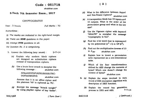 Btech Cse 7 Sem 2017 Question Paper Cryptography And Network