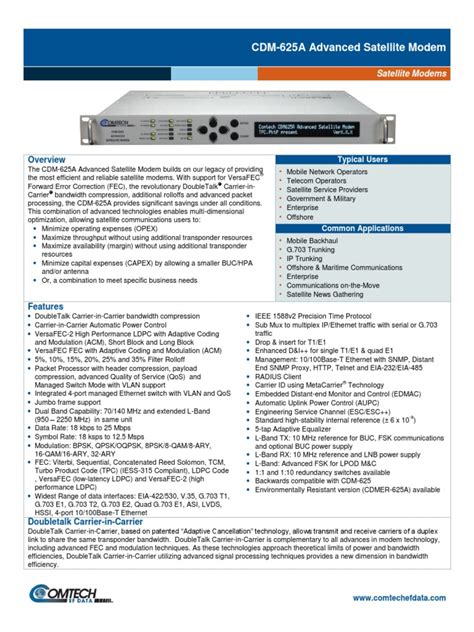 Comtech Efdata Cdm 625a Satellite Modem Data Sheet Quality Of Service Internet Protocol Suite
