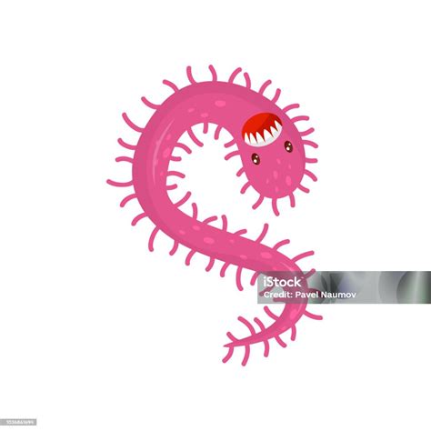 재미 있는 얼굴을 가진 귀여운 핑크 미생물 인간 답게 된 박테리아 만화 흰색 배경에 문자 벡터 일러스트 레이 션 건강관리와