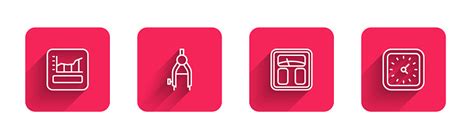 Set Line Graph Schedule Chart Diagram Drawing Compass Bathroom Scales And Clock With Long Shadow