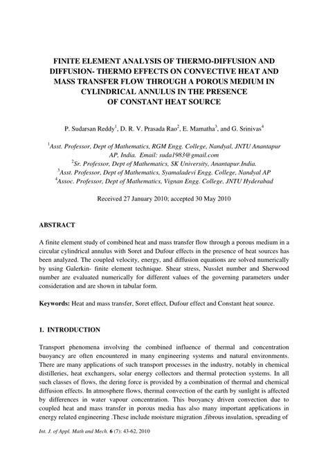 Pdf Finite Element Analysis Of Thermo Diffusion And Diffusion Thermo Effects On Convective
