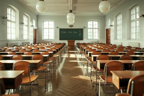Empty Classroom With Rows Of Desks Premium Ai Generated Image