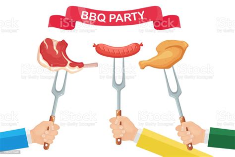 뜨거운 치킨 햄 소시지 쇠고기 갈비 흰색 배경에 고립 된 손에 포크스테이크를 굽습니다 튀긴 고기 축제 리본 바베큐 아이콘 바베큐