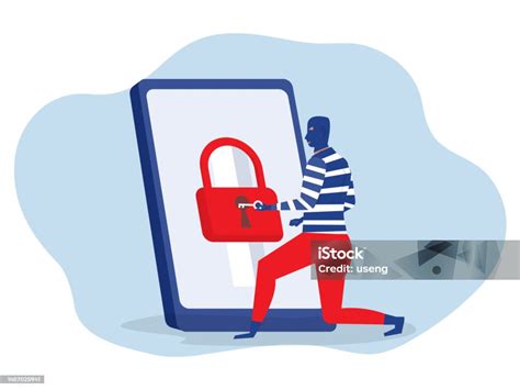 휴대 전화 해킹 및 해커 공격 해커가 개인 데이터를 훔치는 행위 가상 잠금 사기 벡터 일러스트레이션의 디지털 보안 개념 Brand Name Smart Phone에 대한 스톡