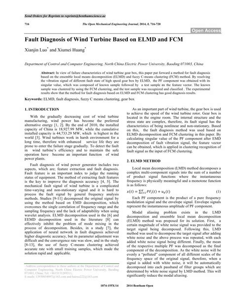 PDF Fault Diagnosis Of Wind Turbine Based On ELMD And FCM Abstract In View Of Failure