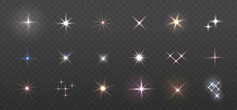 여러 가지 빛깔의 빛이 번쩍이며 번쩍입니다 글로우 라이트 효과 세트 렌즈 플레어 폭발 반짝이 태양 플래시 스파크 및 스타 조명 플레어의 추상 이미지입니다 벡터 오버레이 그림