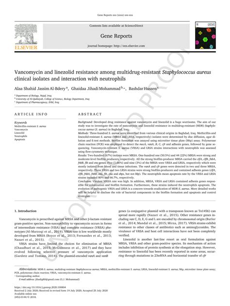 Pdf Vancomycin And Linezolid Resistance Among Multidrug Resistant Staphylococcus Aureus