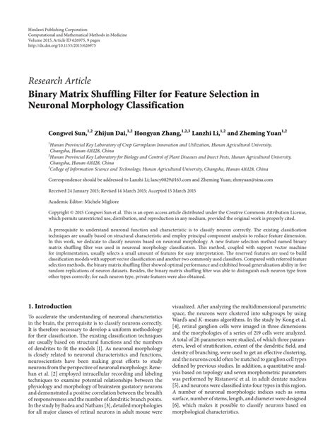 Pdf Binary Matrix Shuffling Filter For Feature Selection In Neuronal