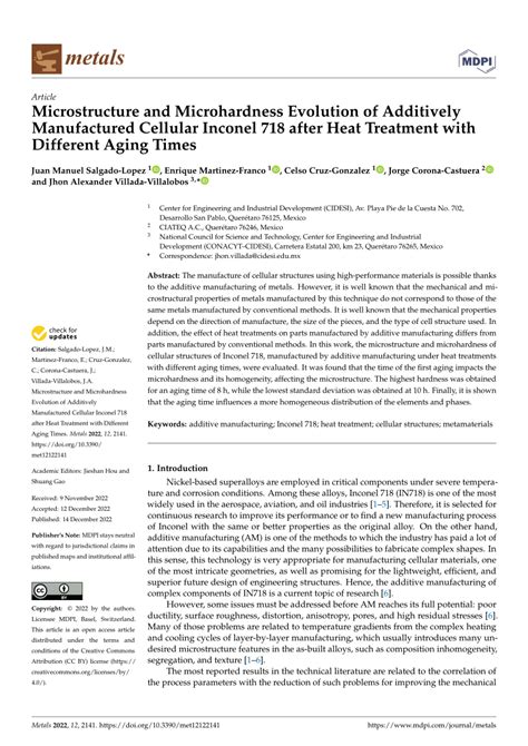 Pdf Microstructure And Microhardness Evolution Of Additively Manufactured Cellular Inconel 718