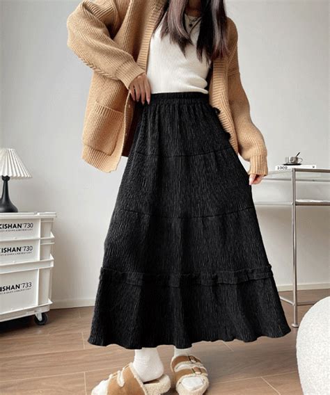 바비코코 플로리아 코듀로이 플리츠 프릴 밴딩 롱스커트