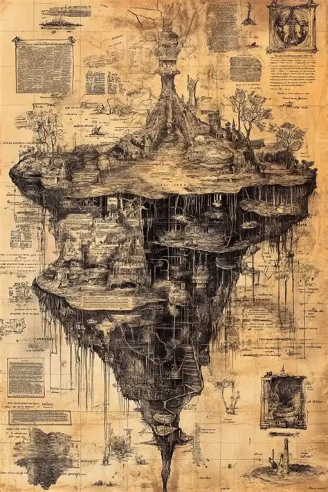 Stunning Hand Drawn Map Of A Fantasy Floating Inverted Island