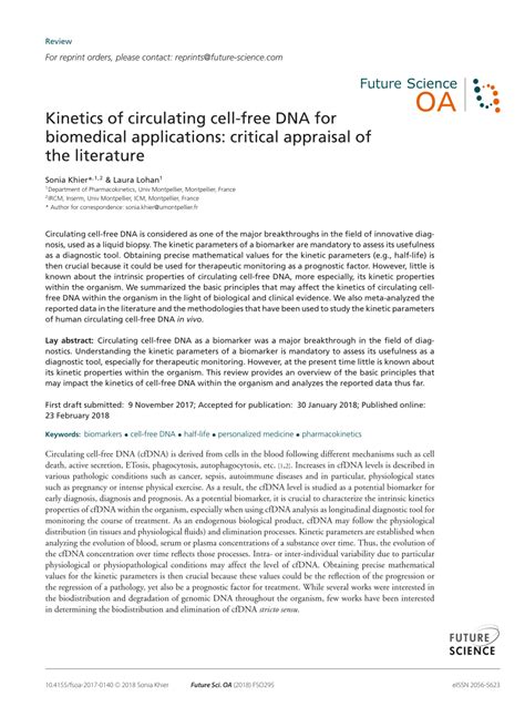 Pdf Kinetics Of Circulating Cell Free Dna For Biomedical Applications Critical Appraisal Of