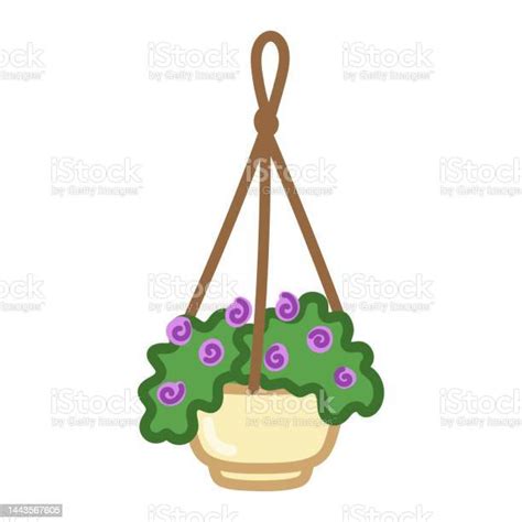 보라색 꽃과 함께 매달린 식물 냄비 만화 스타일의 손으로 그린 그림 흰색 배경에 격리된 벡터입니다 0명에 대한 스톡 벡터 아트