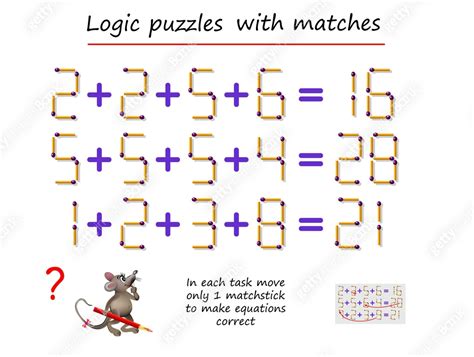 Logical Puzzle Game With Matches In Each Task Move Only 1 Matchstick To Make Equations Correct