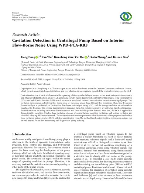 Pdf Cavitation Detection In Centrifugal Pump Based On Interior Flow Borne Noise Using Wpd Pca Rbf