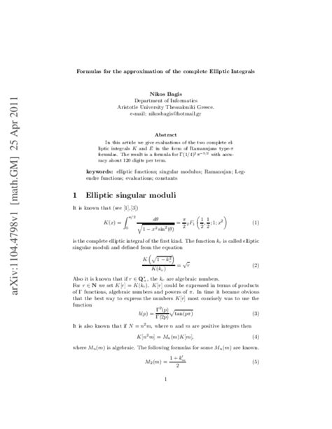 Pdf Formulas For The Approximation Of The Complete Elliptic Integrals