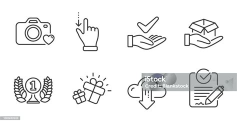 상자 터치 스크린 제스처 및 Rfp 아이콘 세트를 길게 놓습니다 클라우드 다운로드 사진 카메라 및 수상자 상 표지판 벡터 요청에 대한 스톡 벡터 아트 및 기타 이미지