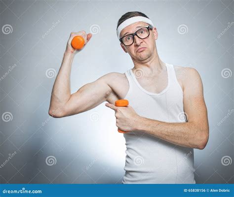 Funny Weak Man Lifting Biceps Stock Photo Image Of Sport Lift 65838156