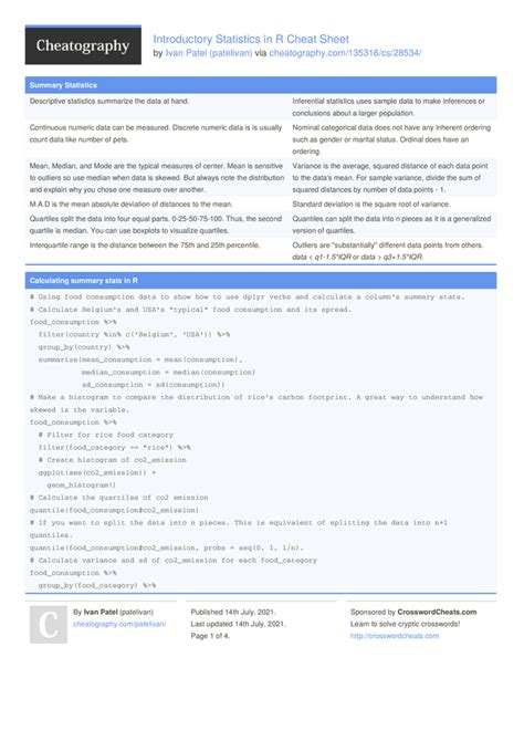 introductory statistics in r cheat sheet by patelivan 4 pages programming r r cheatography