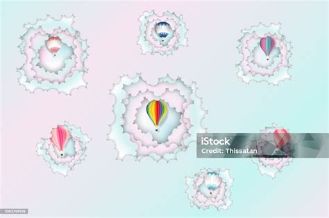 뜨거운 공기 풍선 사업과 수송 개념으로 파스텔 하늘 레이어 배경 종이 컷 예술과 공예 스타일입니다 벡터 일러스트 레이 션 공예에 대한 스톡 벡터 아트 및 기타 이미지