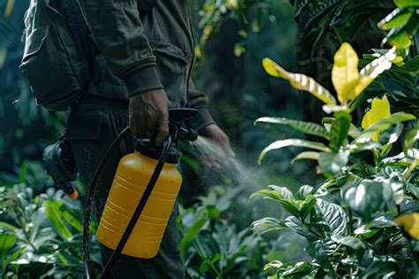 A Man With A Compression Sprayer Sprays The Plant Premium Ai