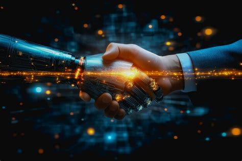 Human And Robotic Handshake Symbolizing Technology Collaboration With A