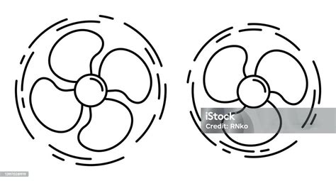 선형 아이콘 팬 프로펠러 블레이드 세 개와 네 개의 블레이드 터빈의 회전 흰색 배경에 고립 된 간단한 흑백 벡터 라인아트에 대한