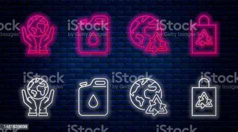 가솔린 행성 지구 및 재활용 지구 지구와 비닐 봉지를 들고 인간의 손에 대 한 라인 캐니스터를 재활용 합니다 벽돌 벽에 빛나는 네온 아이콘입니다 벡터 가방에 대한 스톡 벡터