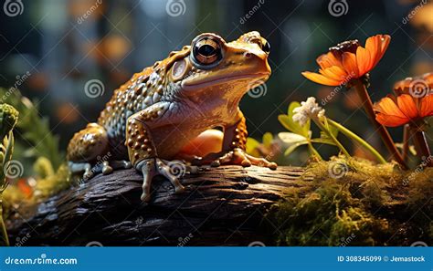 A Cute Toad Sitting In A Tropical Forest Vector Illustration