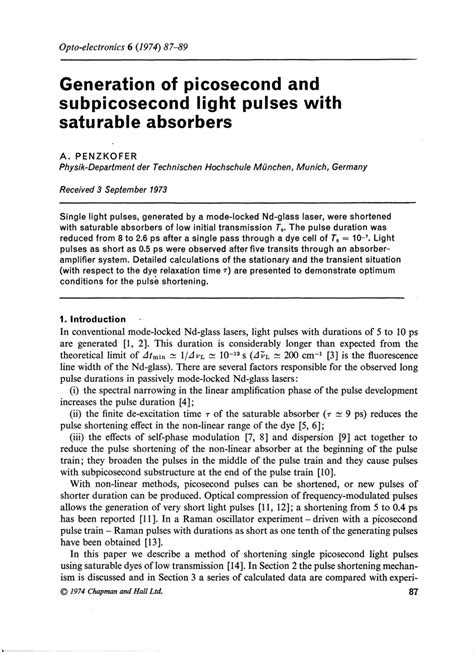 Pdf Generation Of Picosecond And Subpicosecond Light Pulses With