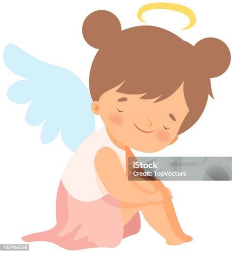사랑스러운 소녀 천사 와 님버스 와 날개 사랑스러운 아기 만화 캐릭터 벡터 일러스트 거룹에 대한 스톡 벡터 아트 및 기타 이미지