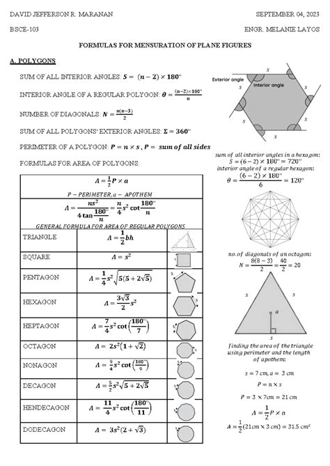 Plane Geometry Formulas David Jefferson R Maranan September 04 2023 Bsce 103 Engr Melanie