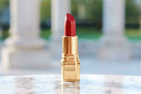 Luxurious Red Lipstick In Golden Tube On Marble Beauty Cosmetic And