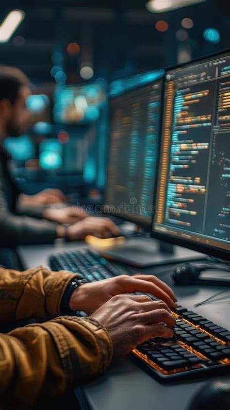 software engineer types code on keyboard in modern workspace focused