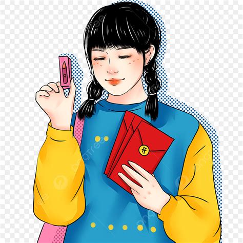 빨간 봉투를 들고 손으로 그려진 발랄한 소녀 일러스트 손으로 그린 복고풍 립스틱 Png 일러스트 및 Psd 이미지 무료 다운로드 Pngtree